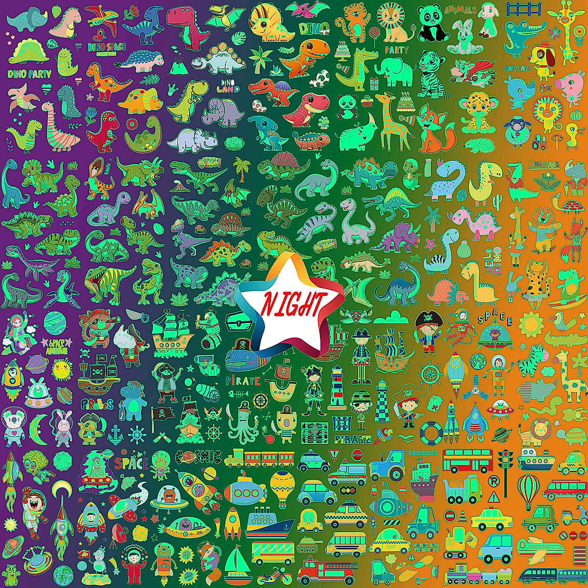 EGMBGM 30 Sheets Animals Glow in The Dark Temporary Tattoos For Kids Boys Girls Teens, Dinosaur Construction Pirate Space Astronaut 3D Glowing Fake Glitter Luminous Tattoo Stickers Toddler Children