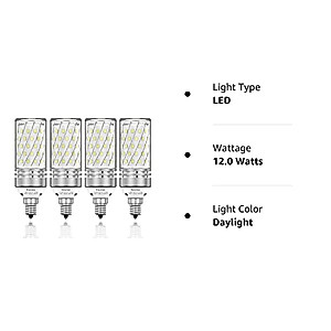 PAVOO E12 LED Light Bulbs, 12W LED Candelabra Bulbs 100 Watt Equivalent, 1200LM, 6000K Daylight White Ceiling Fan Light Bulbs,Pack of 4