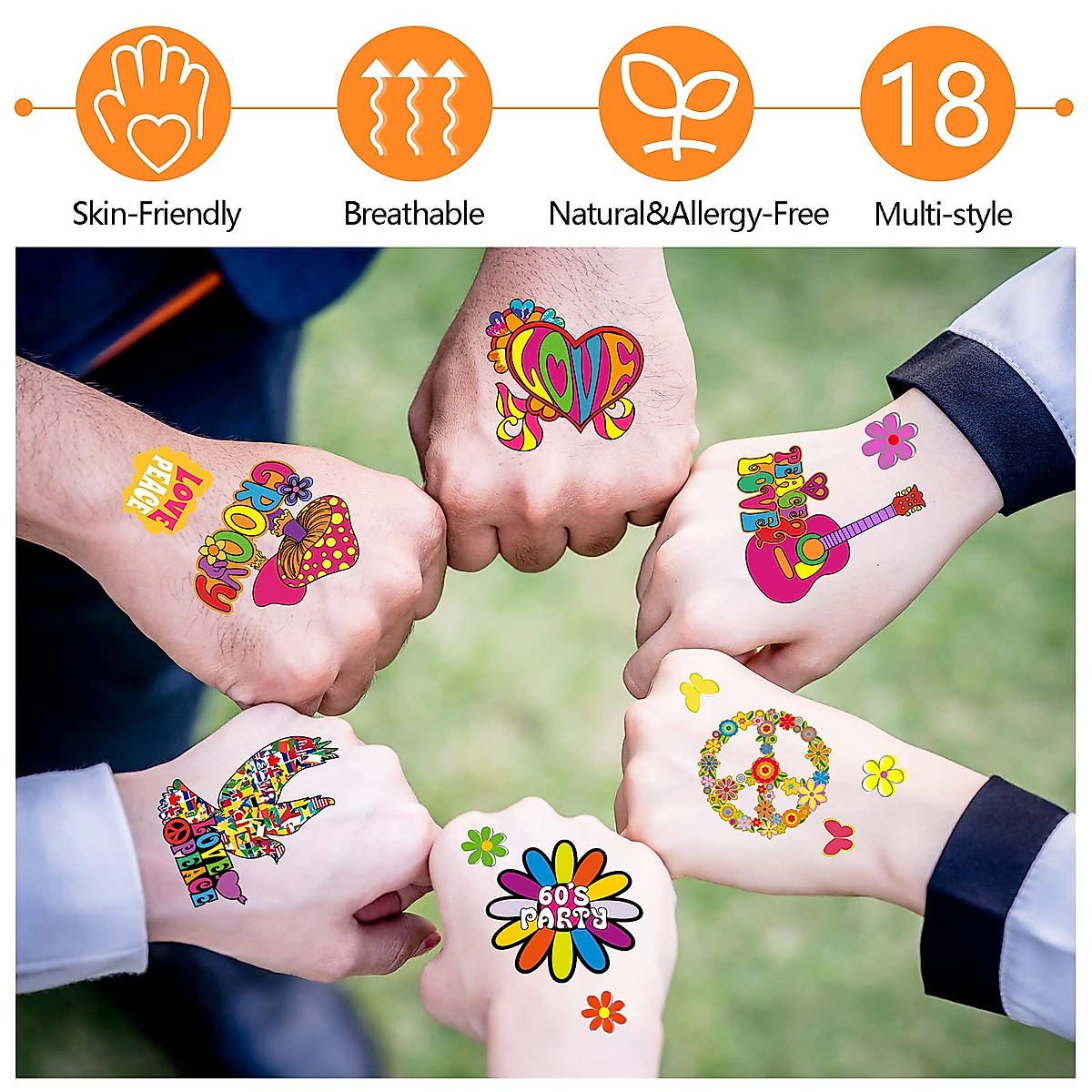 Demissle 280 Pieces Hippie Temporary Tattoos Butterfly Flower Love and Peace Lucky Rainbow Tattoos Groovy Hippie Temporary Fake Tattoos Decor School Rewards for Kids 70s Groovy Party Favors