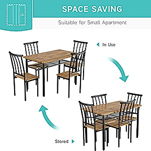 IDEALHOUSE Dining Table Set for 4, Kitchen Table with 4 Chairs, Metal and Wood Rectangular 5-Piece Dining Table Furniture Set with Storage Rack for Small Space, Apartment, Dinette(Rustic Brown)