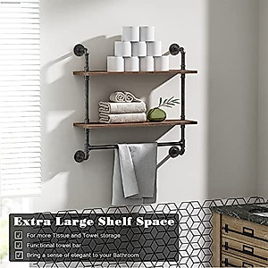 MCleanPin Industrial Pipe Shelves Wall Mount Bathroom Shelf with Towel bar Floating Shelf 2-Tiers 24 in, DIY Open Bookshelves,Metal Towel Rack Bookcase, Real Wood Storage Shelving