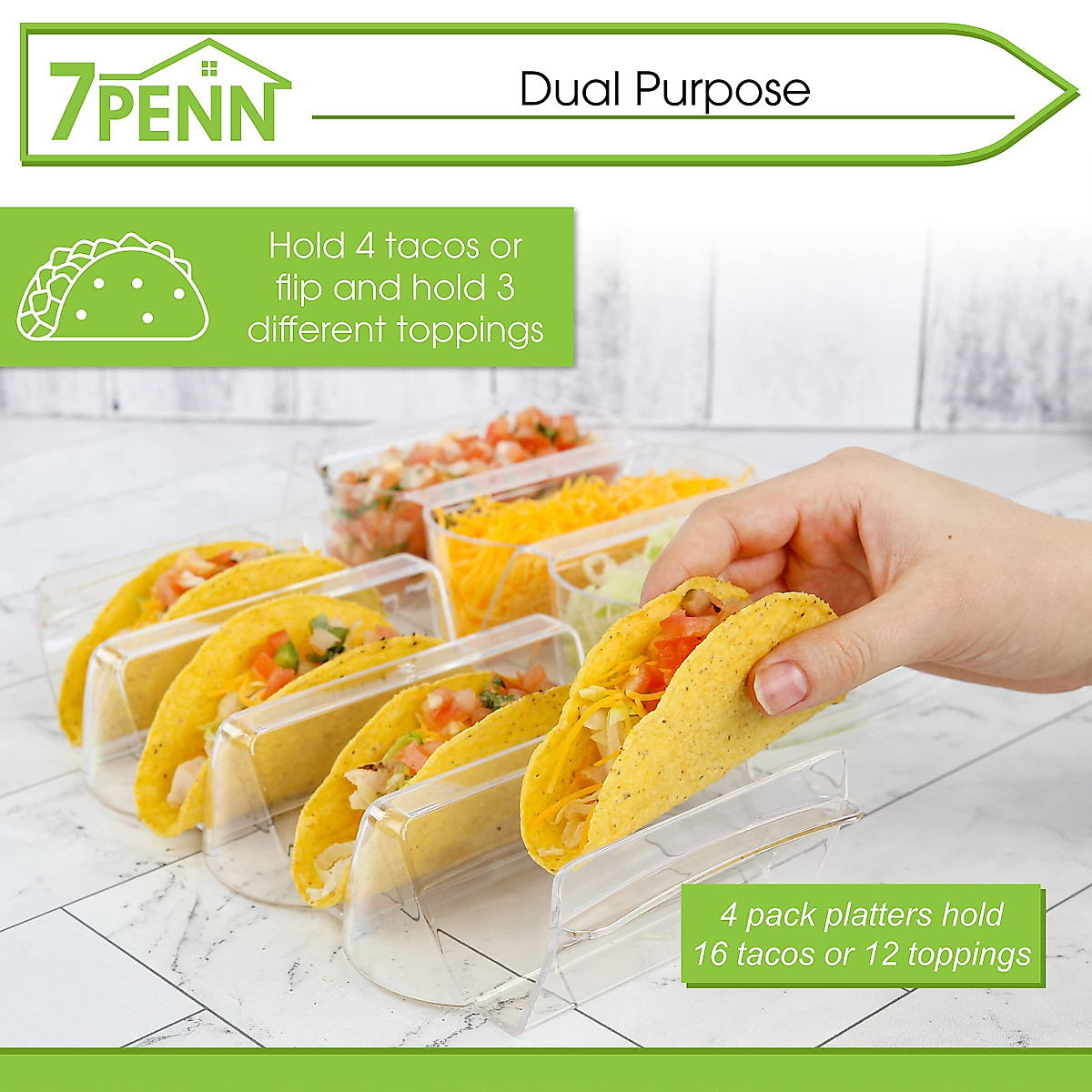 7Penn Taco Shells Holder Set of 4 - Toppings Tray to Taco Holder Stand Divided Serving Trays for Party and Dinner