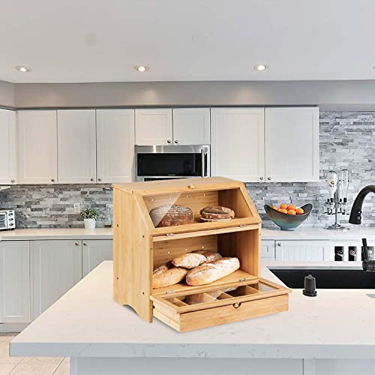 HOMEKOKO Large Bamboo Two-layer Bread Box With Drawer, Double Layers Large Bread Box for Kitchen Counter, Wooden Large Capacity Bamboo Bread Food Storage Bin (NATURAL)