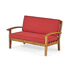 Christopher Knight Home Peyton Outdoor Acacia Wood Loveseat and Coffee Table Set with Water Resistant Cushions, Teak Finish / Red