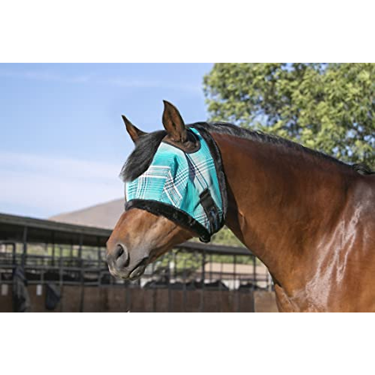 Kensington Fly Mask with Fleece Trim for Horses — Protects Face and Eyes from Flies and Sun Rays While Allowing Full Visibility — Breathable and Non Heat Transferring, Large, Atlantis