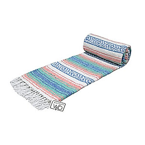 Open Road Goods Light Teal and Coral Mexican Blanket - Authentic Mexican Flasa - Great Yoga Blanket, Beach Blanket, Picnic Blanket, or Mexican Throw! Handwoven