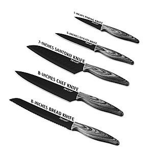 hecef 5 PCS Non-stick Coated Kitchen Knife Set with PP Handle and Protective Sheath, Exclusive Black Chef knife set, Scratch Resistance & Rust Proof (Wood Grain)