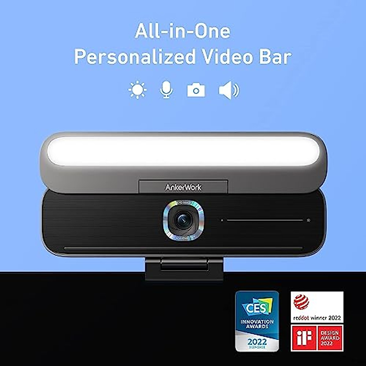 AnkerWork B600 Video Bar, 4-in-1 Design, 2K Computer Camera with Speaker and Microphone, Built-in Light, AI Video Conference Cam, Noise Cancellation, 4-Mic Array, Ideal for Remote Work