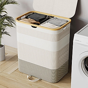 XLHOMO Double Laundry Hamper with Lid and Removable Bags, 150L Large Collapsible 2 Dividers Dirty Clothes Basket with Handles, Beige Double Laundry Basket Organizer for Bedroom,Laundry Room,College