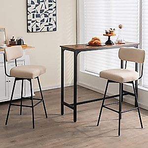 COSTWAY Bar Stools Set of 2, 29” Upholstered Bar Height Chairs with Back, 360° Swivel Bar Chairs with Heavy-Duty Metal Legs and Footrests, Fabric Seat for Kitchen Island, Dining Room, Bar (2, Beige)
