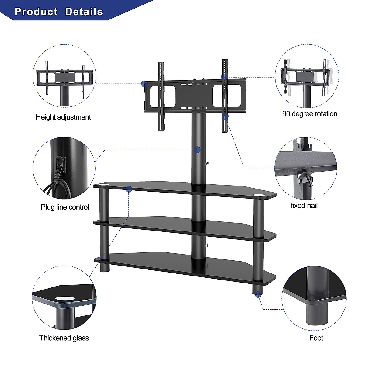 IANIYA Swivel Floor TV Stand Height Adjustable Bracket Entertainment Stand for 32 to 65 inch TV | 3-Tier BlackTempered Glass Multi-Function TV Stand