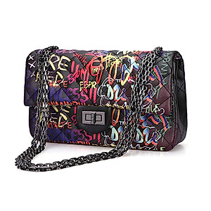 Wxnow Quilted Crossbody for Women PU Leather Shoulder Bags Purse with Chain Strap Handbags Black Graffiti