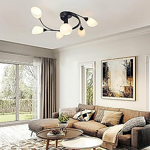 WEYUN Rustic Ceiling Lights Chandelier 6-Light Living Room Bedroom Office Pendant Lamp Fixture Modern Industrial Alabaster Glass Shades Ceiling Light Lamp for Dining Room