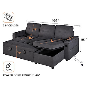 VanAcc Sofa Bed, Sleeper Sofa with USB Charging Ports, L-Shaped Couch with Storage, Pull Out Couch for Living Room, Grey Linen