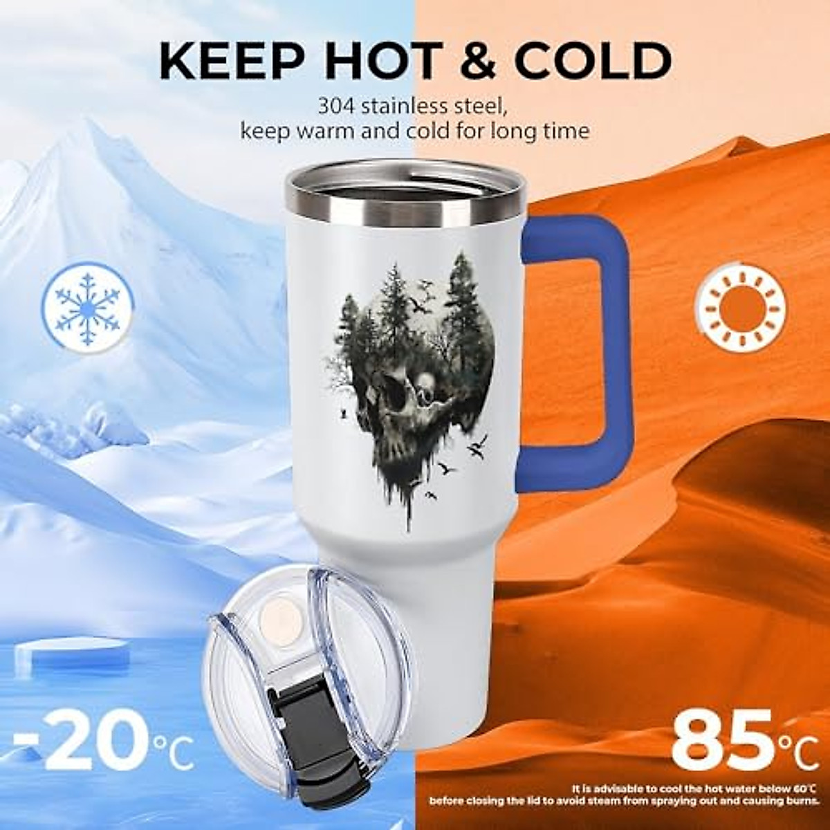 Funny Gothic Skull Insulated Tumbler with Lid And Straw Stainless Steel Travel Coffee Mug 40oz Deep Blue-style