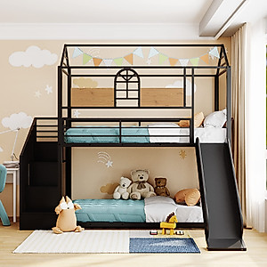 Bellemave House Bunk Bed with Slide and Stairs Twin Over Twin Floor Bunk Bed Frame Metal Playhouse Bunked with Storage Shelves for Kids Boys Girls Teens, Black with MDF