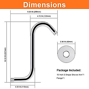 HarJue S Shaped Shower Arm, High Rise Shower Head Extension Pipe Standard 1/2" Connection with Flange, Awesome Shower Experience-Stainless Steel Bathroom Accessory(10 Inch S Shape, Chrome Finish)