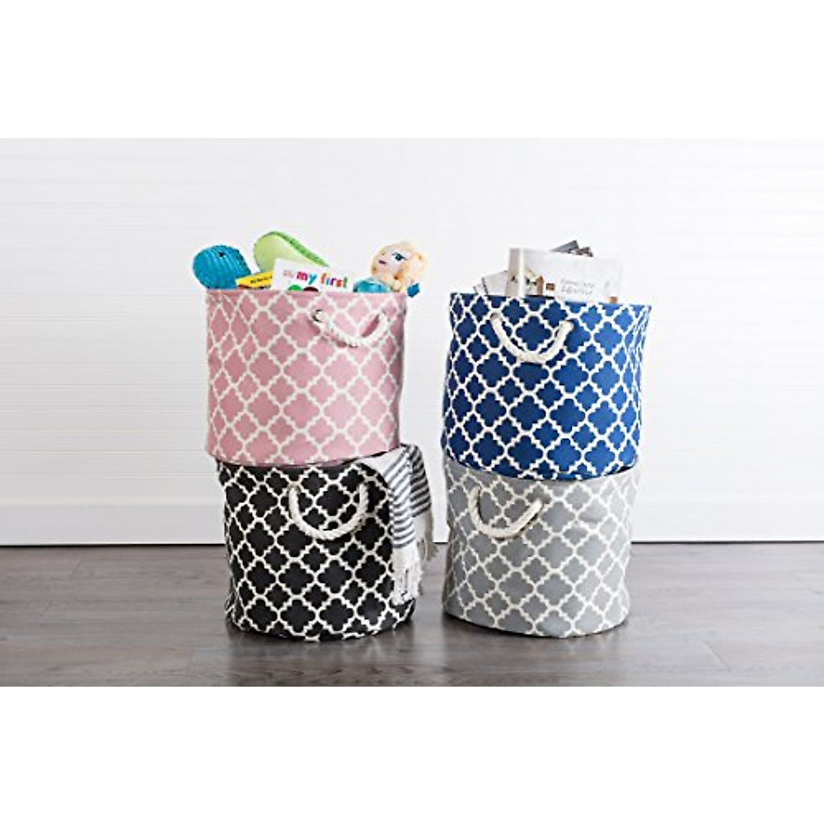 DII Collapsible Burlap Storage Basket or Bin with Durable Cotton Handles, Home Organizational Solution for Office, Bedroom, Closet, Toys, & Laundry (Small Round - 12x9), Rose Lattice