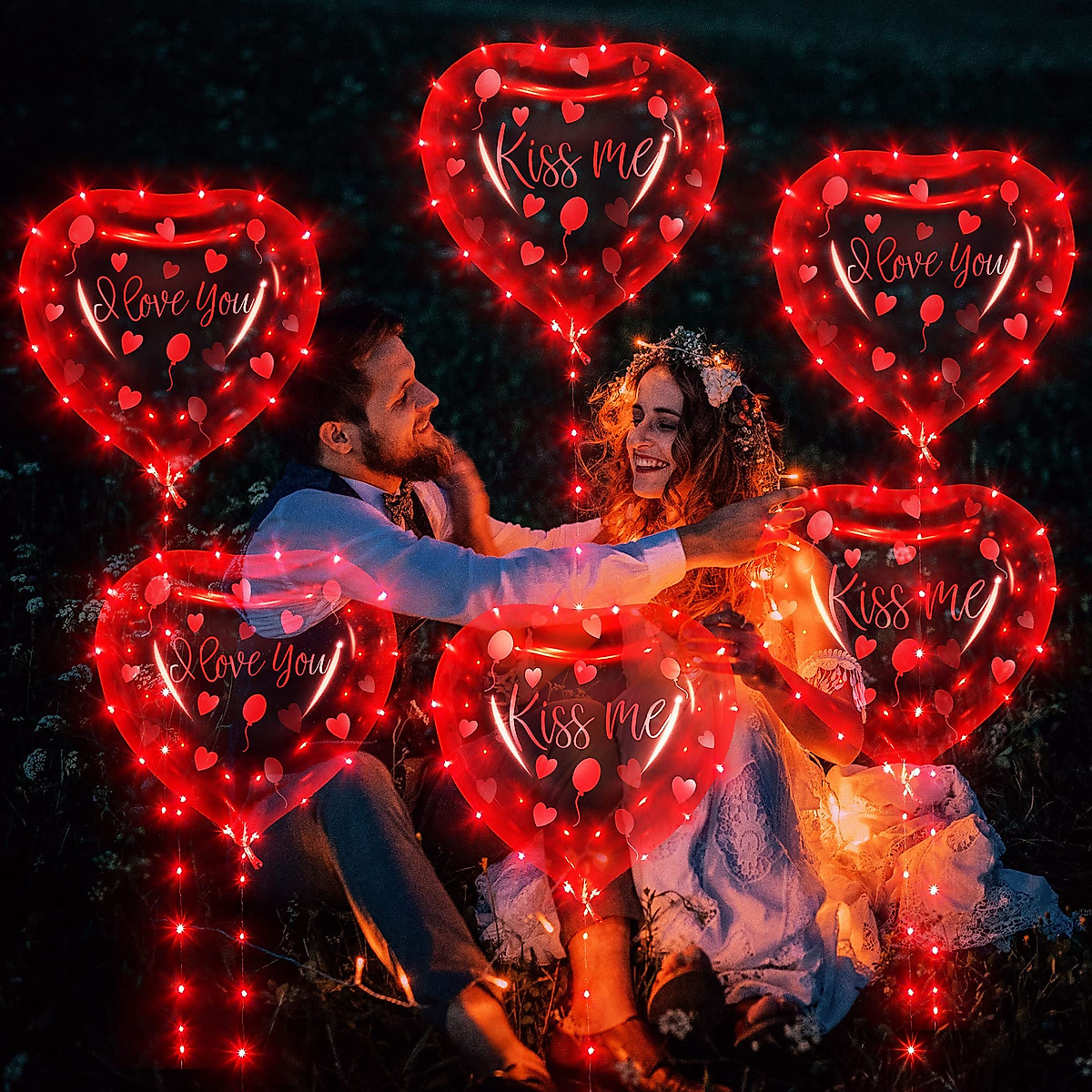 Red Heart Light Up Balloons, 6 Pack 20 Inches BoBo Bubble Transparent Helium Balloons with 10 Feet LED String Lights for Valentines Wedding Party Decoration (Red)