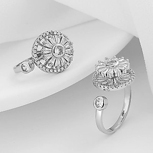 OIDIMS Rotating Flower Spinner Fidget Ring for Women Cubic Zirconia Adjustable Wrap Open Ring Wedding Promise Silver Plated Anti Anxiety Stress Relief Jewelry Daughter Dainty Birthday BFF Lover Gifts
