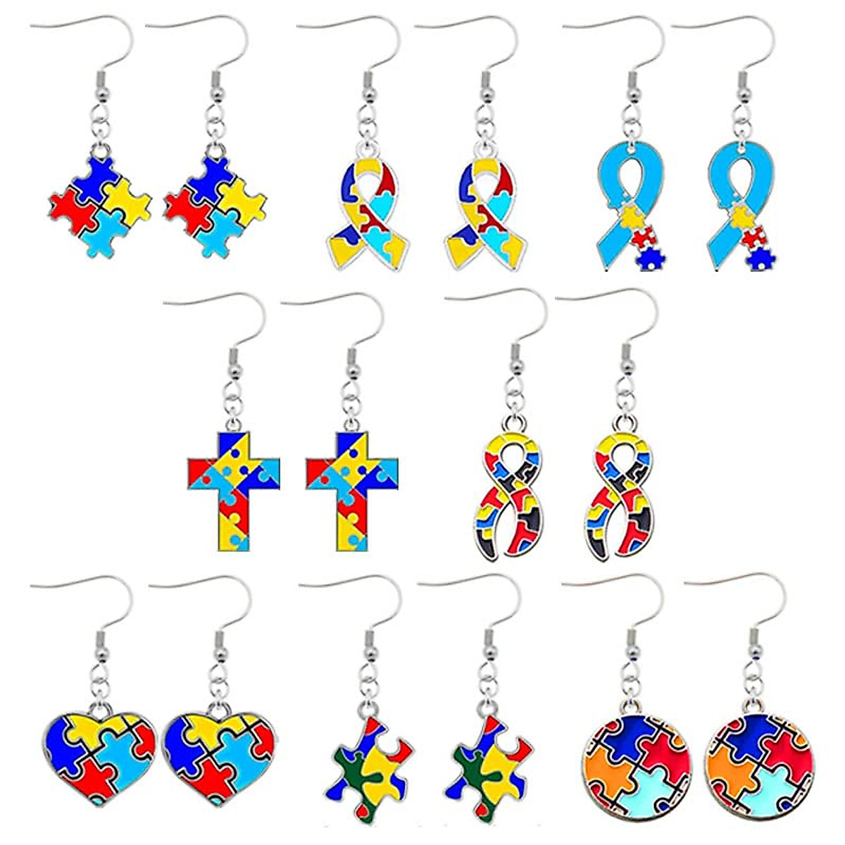 Dreuyet 8 Pairs Autism Awareness Earring Set for Women Creative Multi Color Awareness Jigsaw Autism Puzzle Geometric Earrings Jewelry (8 Pairs Autism Puzzle)