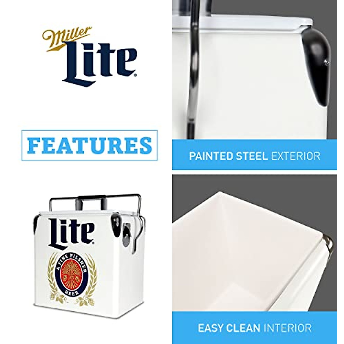 Miller Lite Retro Ice Chest Cooler with Bottle Opener 13L (14 qt), 18 Can Capacity, Blue and Red, Vintage Style Ice Bucket for Camping, Beach, Picnic, RV, BBQs, Tailgating, Fishing