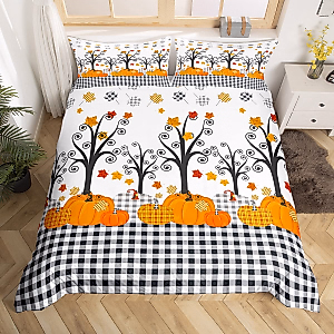 Fall Pumpkin Harvest Duvet Cover Set Queen Size,Kids Adults Bedroom/Country Cottage Decor,Black White Plaid Bedding,Maple Autumn Leaves Comforter Cover,Rustic Bright Quilt Cover,3pcs,2 Pillowcases