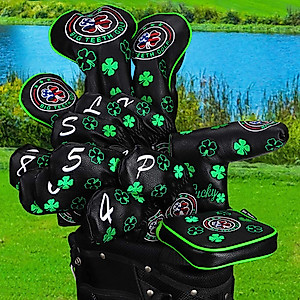 BIG TEETH Golf Head Covers Driver Hybrid Fairway Cover Golf Club Protector Lucky Clover and USA Pattern Black (Driver Cover)