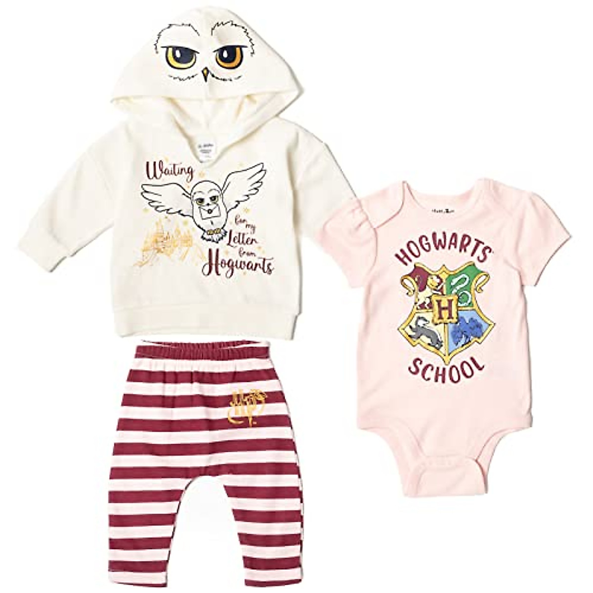 Harry Potter Hedwig Owl Hogwarts Baby Girls 3 Piece Outfit Set: Hoodie Pants Bodysuit White 3-6 Months