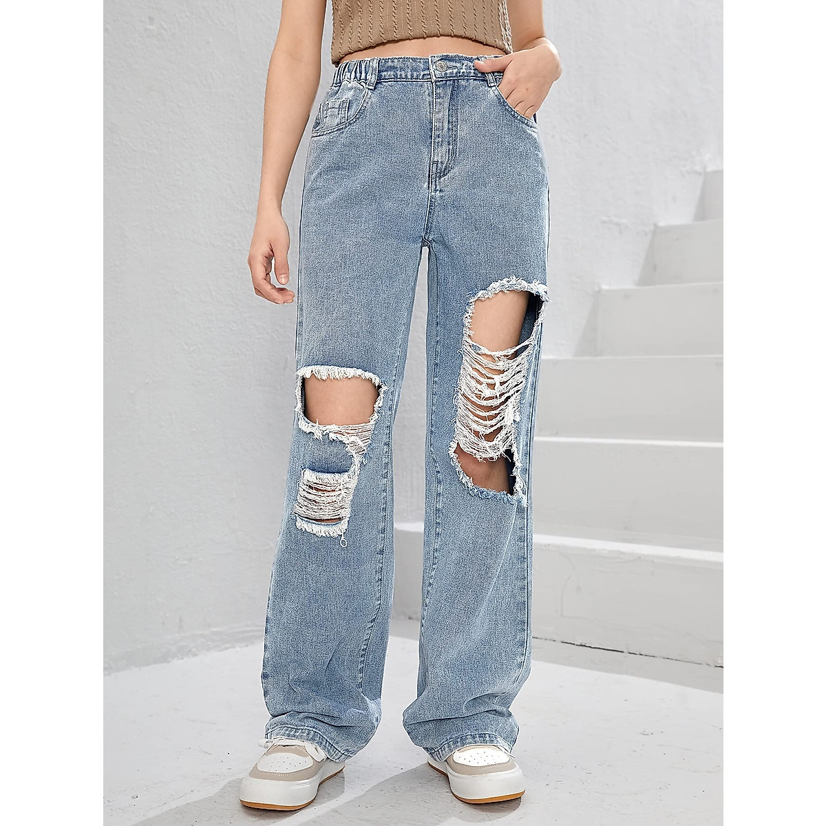 Verdusa Girl's Casual Distressed Ripped Elastic Waist Wide Leg Denim Pants Jeans Light Wash 14Y