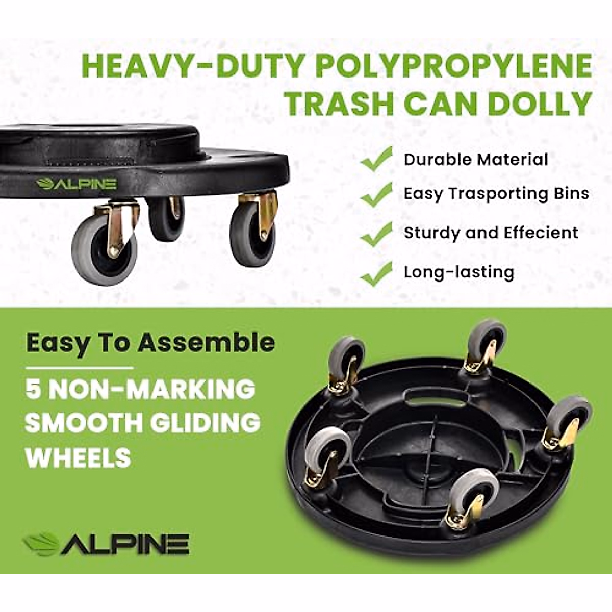 Alpine Rolling Brute Trash Can Dolly - Trash Can Dolly with Wheels/Trash Can Roller Base for Round 20, 32, 44, or 55 Gallon Garbage Bins, Heavy Duty Holds Up to 500lbs (Black)
