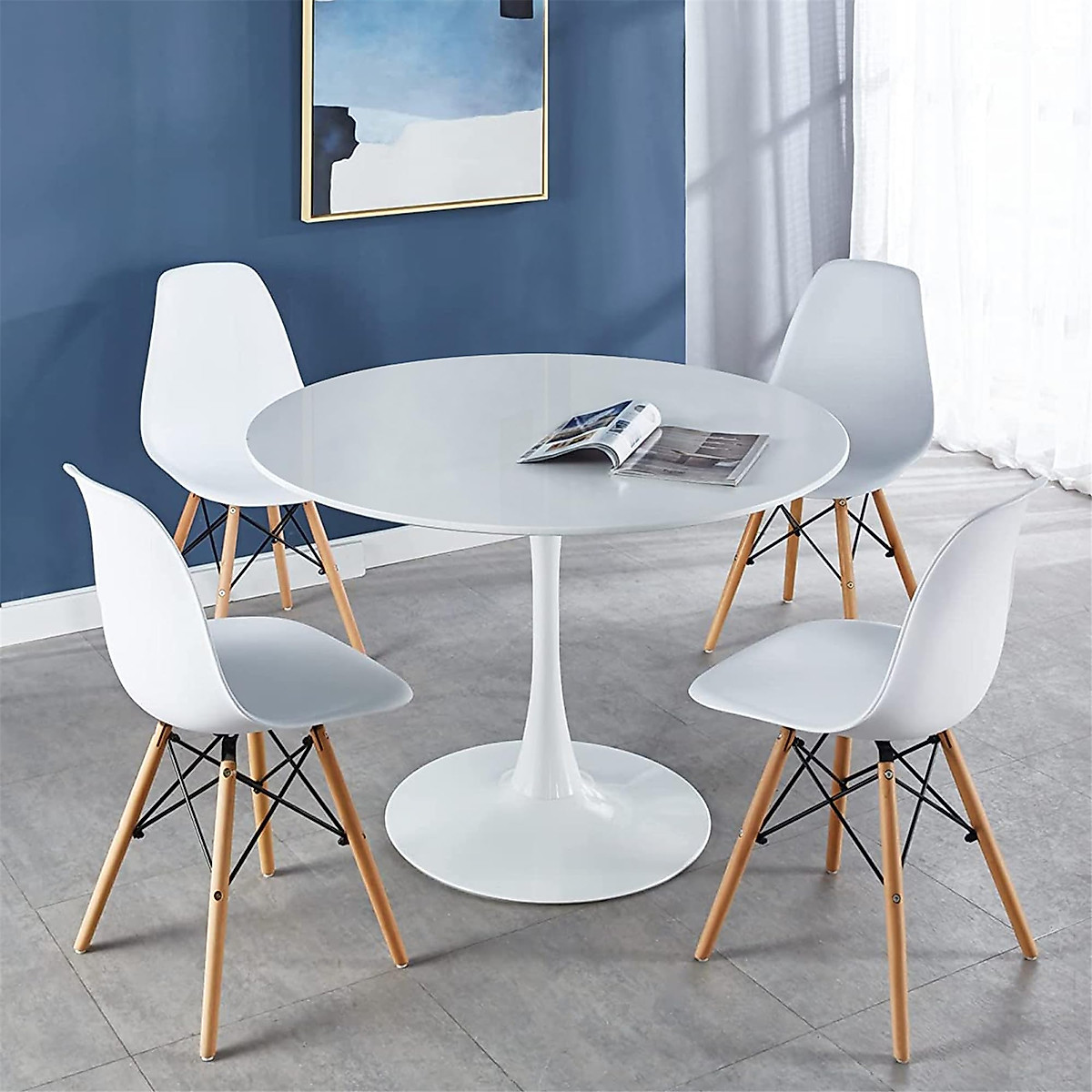 Ufurpie 5 Piece Dining Table Set, 42" Modern Round Dining Table and 4 DSW Chairs, Tulip Style Pedestal Base and Solid Wood Legs, Easy Assembled Dining Table Set for 4