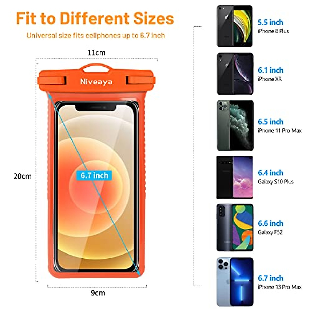 Niveaya Universal Waterproof Phone Case - 2 Pack, IPX8 Shockproof Waterproof Phone Pouch Dry Bag for iPhone 14 13 12 11 Pro Max SE 2020 XS Max XR X 8 7 6s Plus S10 S9 S20 S21 Note 20/10.