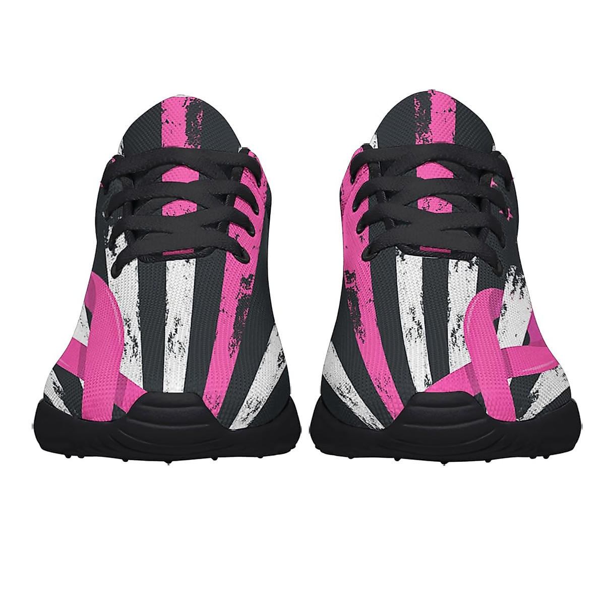 Breast Cancer Awareness Shoes Women Fashion Breathable Running Sneakers Cancer Pink Ribbon Shoes for Ladies Black Size 5