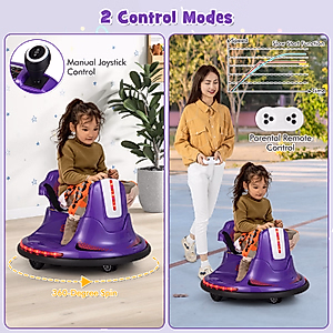 Costzon 12V Kids Ride On Bumper Car, Electric Bumper Car w/Dual Joysticks, Remote Control, 360° Spin, Slow Start Function, LED Lights & Fun Music, Adjustable Safety Belt, Soft Bumper (Purple)