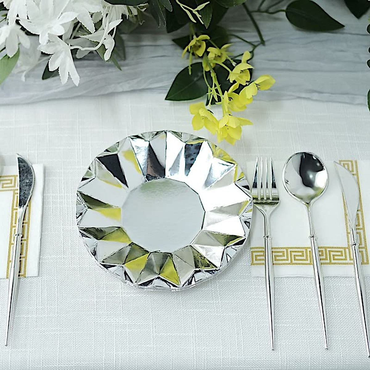 Balsa Circle 25 Silver Geometric Round 7 in Metallic Disposable Dinner Salad Paper Plates Party Events Home Tableware Decorations Supplies