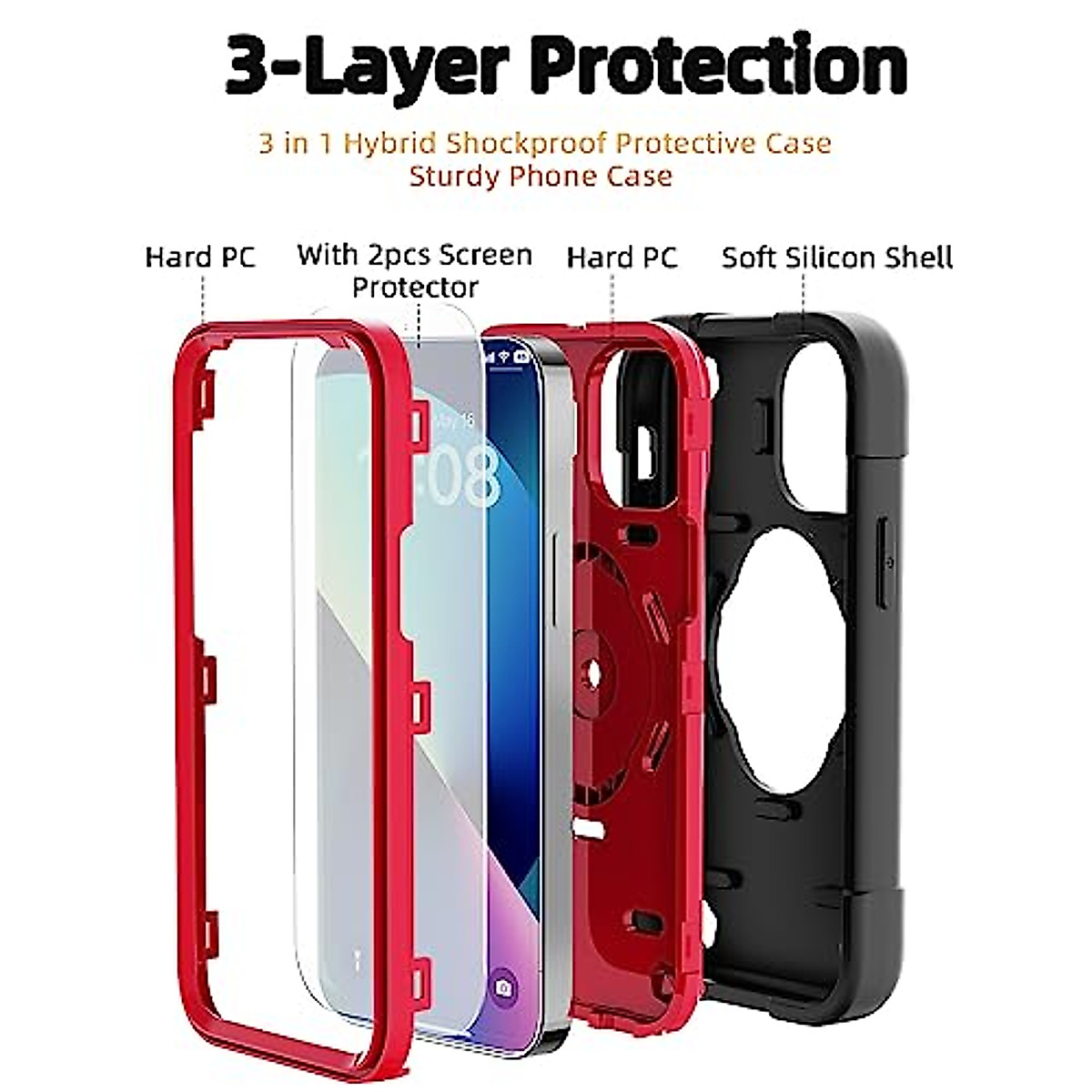 KCJ for iPhone 13 Mini case/iPhone 12 Mini case 5.4 Inch with Ring Holder, with 2 Pack Screen Protector + 1 Pack Camera Lens Protector,Heavy-Duty Military Grade Protector Cover. (Black+Red)