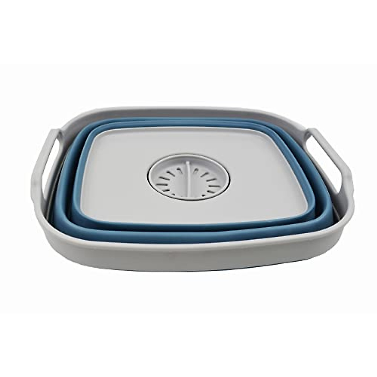 SAMMART 7.5L (2 Gallons) Collapsible Dishpan with Draining Plug - Foldable Washing Basin - Portable Dish Washing Tub - Space Saving Kitchen Storage Tray (Grey/Steel Blue, 1)