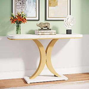 Tribesigns Modern Gold Console Table, 40 inch Narrow Entryway Foyer Table with Geometric Base, Rustic Hallway Accent Table for Living Room, Entrance, White and Gold