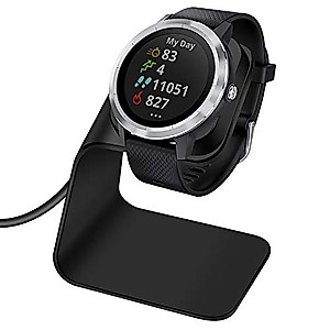 EZCO Charger Dock Compatible with Garmin Vivoactive 4 4S/ 3/3 Music/Venu Sq/Venu/Venu 2/2S, Premium Aluminm Charging Cable Stand Base Station USB Date Syn for Fenix 7 7S 7X 6 5 Smartwatch, Black
