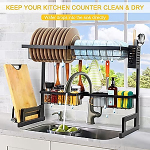 Over The Sink Dish Drying Rack Adjustable (25.5-31.5in) with Roll Up Dish Rack Over Sink, 2 Tier Stainless Steel Large Dish Drainer for Kitchen Counter Organizer Storage Space Saver with Utility Hooks