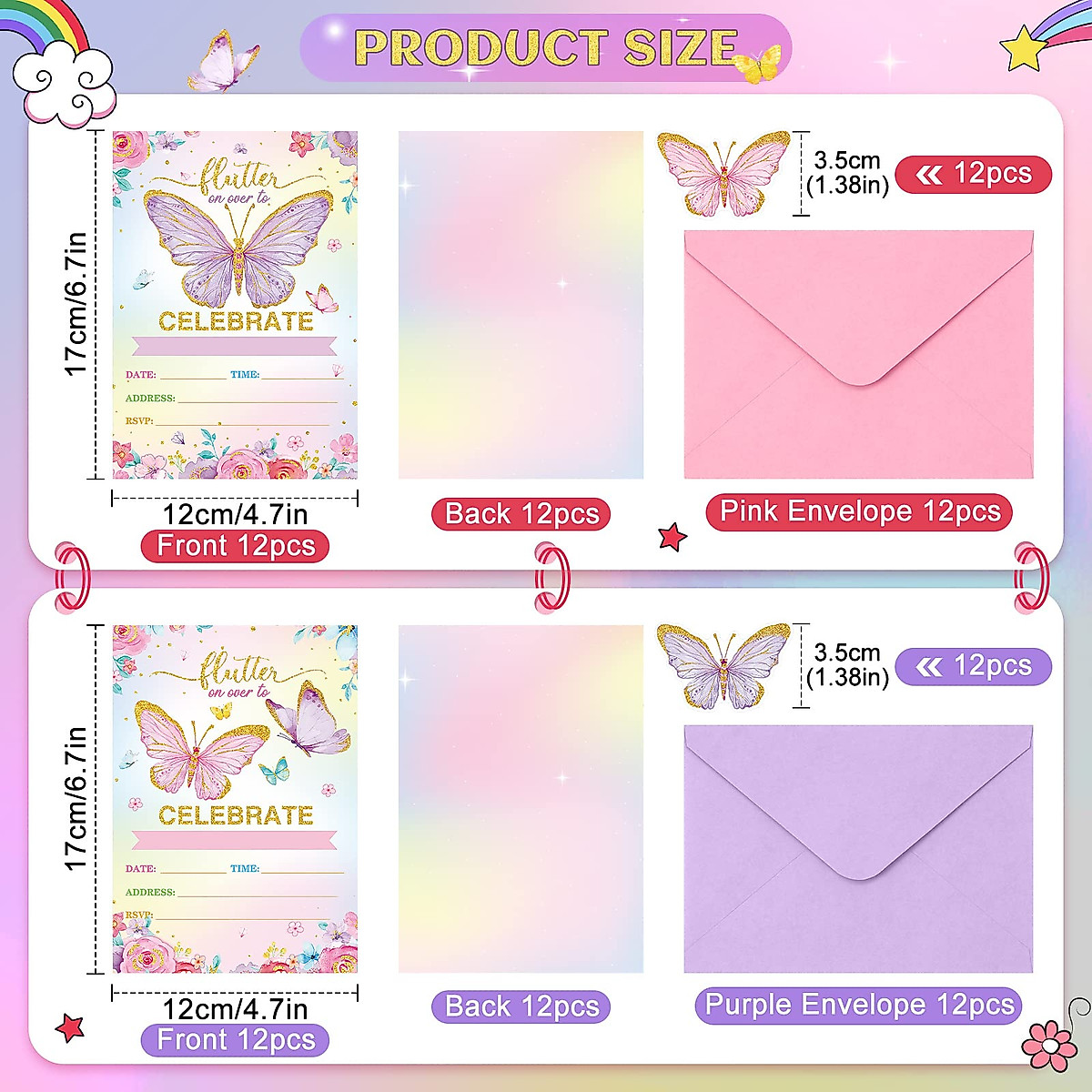 24 Pcs Birthday Butterfly Invitations Butterfly Birthday Party Invitations with Envelopes Floral Butterfly Invitation Cards Stickers for Butterfly Party Birthday Baby Shower Wedding Decor (Purple)