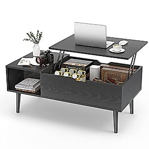 Sweetcrispy Coffee Table, Lift Top Coffee Tables for Living Room,Rising Tabletop Wood Dining Center Tables with Storage Shelf and Hidden Compartment, Black