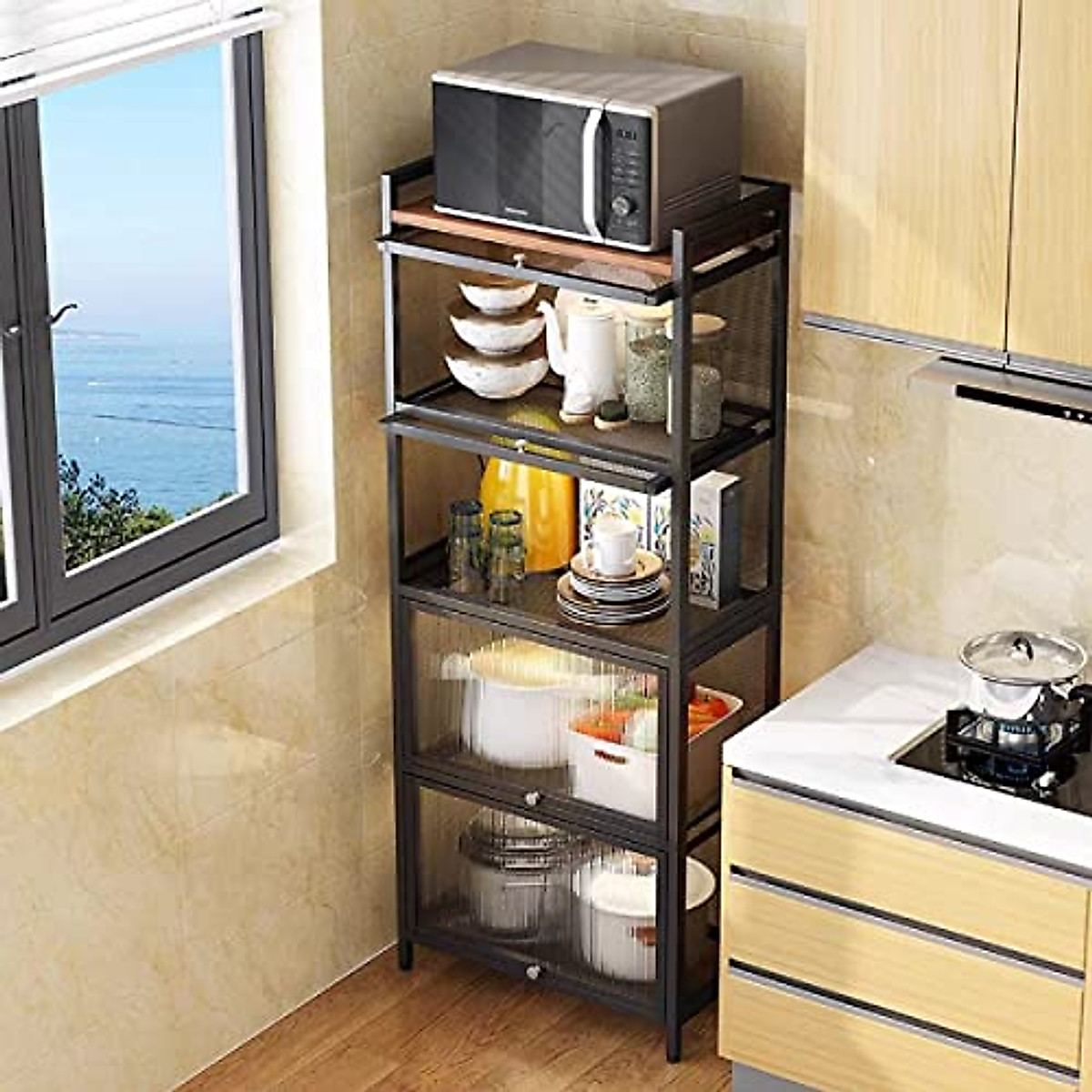 Gdrasuya10 Large Kitchen Pantry Storage Cabinet Buffet, 4 Tier Metal Pantry Cabinet with Folding Doors 56'' Kitchen Hutch Cabinet Suitable for Dining Room Living Room