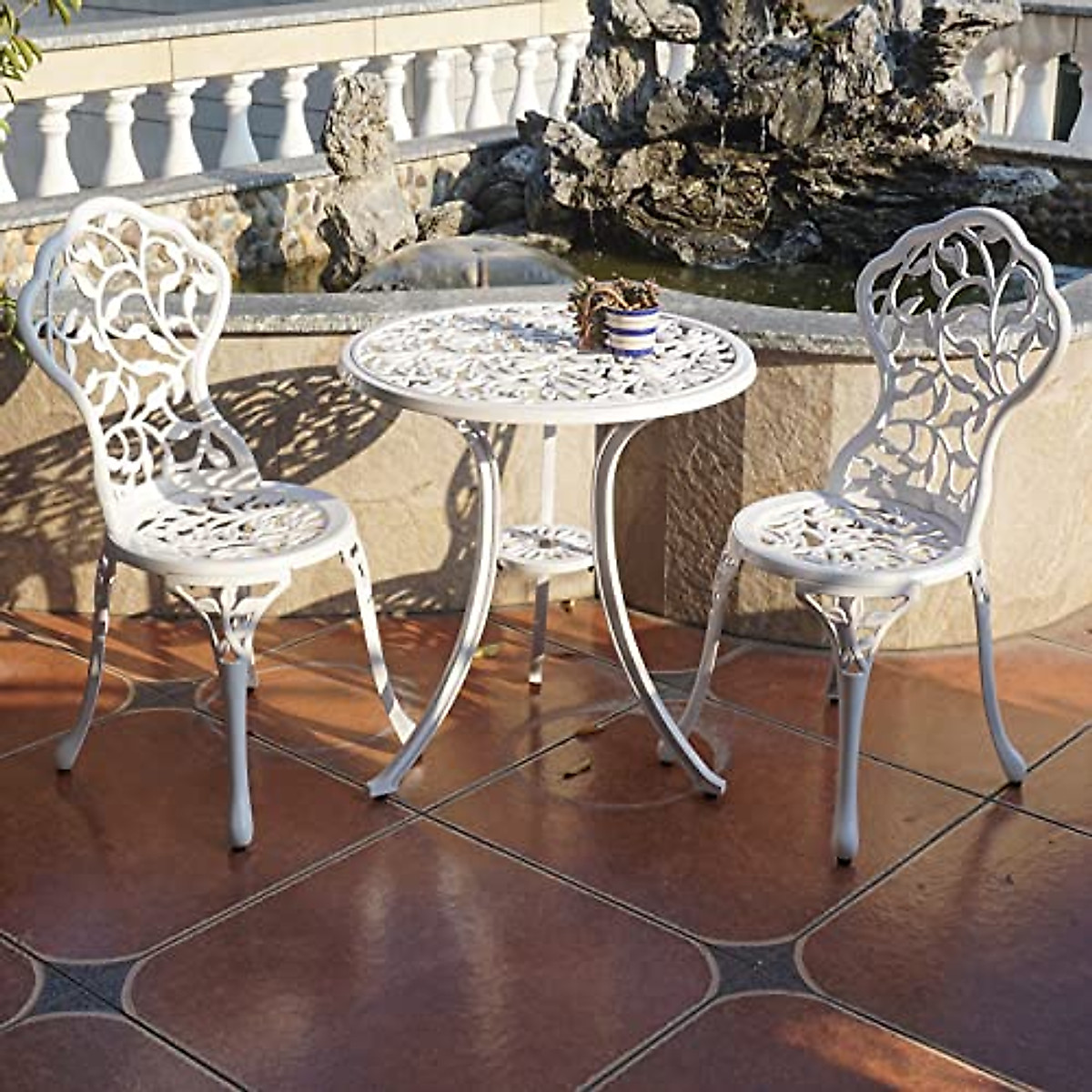 KAI LI Patio Bistro Sets 3 Piece cast Aluminum Patio Furniture Outdoor Garden Metal Rust Proof Tables and Chairs White bisrto Set (Leaf-White)