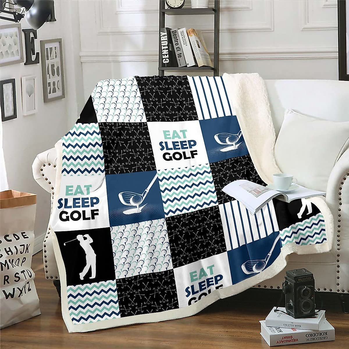 Golf Throw Blanket Sports Games Fleece Blanket Twin Size, Athlete Silhouette Patchwork Fuzzy Blanket for Kids Boys Teens Adults, Golf Lovers Geometry Lattice Ripple Sherpa Blanket, Blue Black
