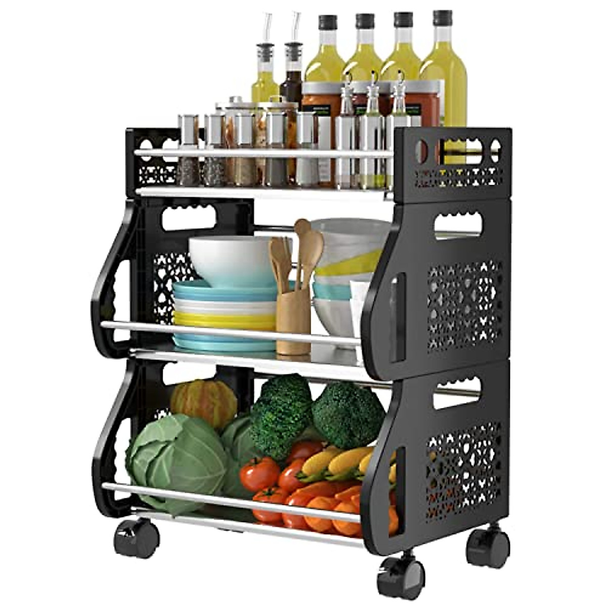 Fruit Vegetable Storage Basket,COORACK 3-Tier Stackable Kitchen Baskets Fruit and Vegetable Stand Rack with Wheels,Storage Cart for Kitchen, Free-Standing Organizer for Kitchen,Bedroom,Bathroom,Garage