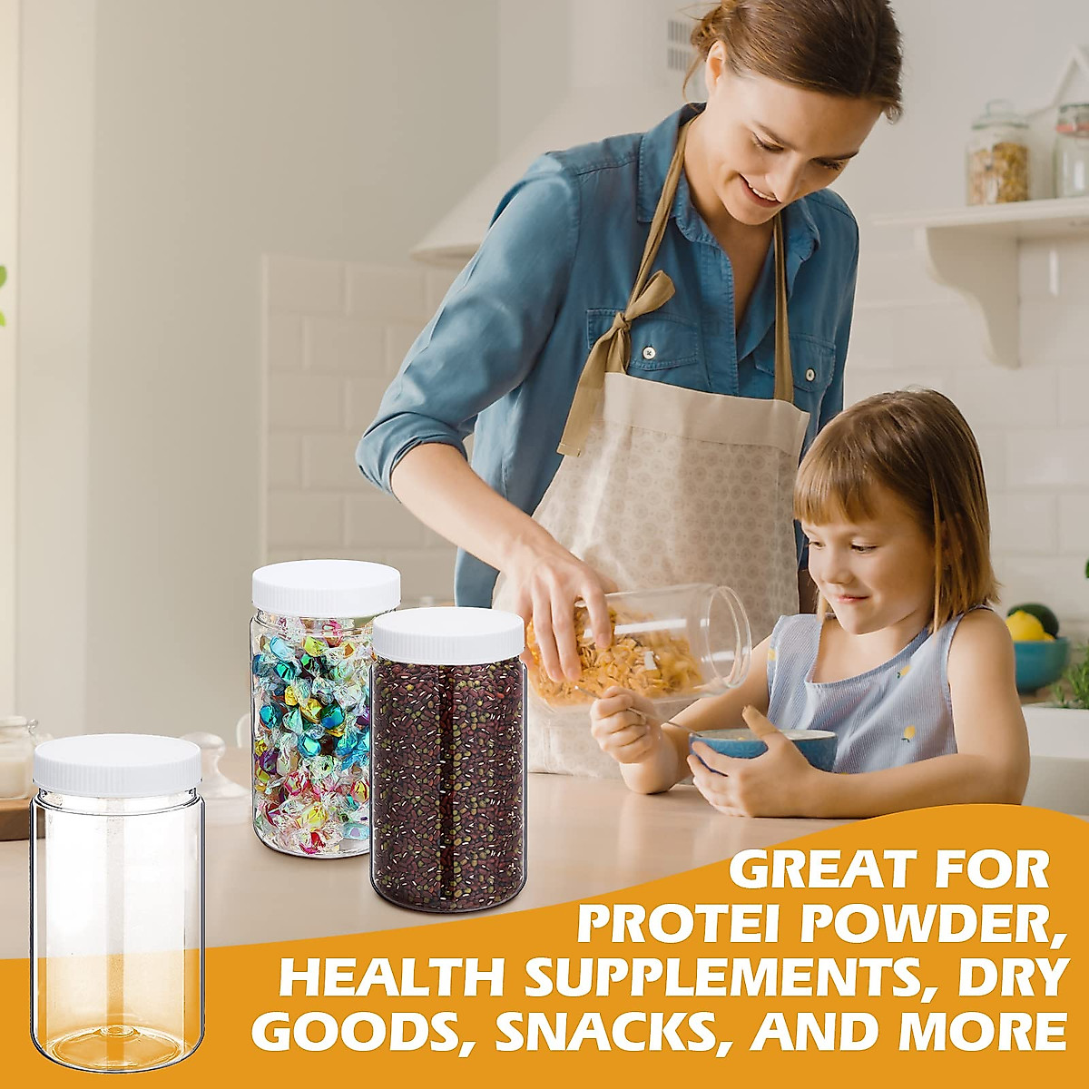 15 Pack 32 oz Plastic Jars with Lids Clear Mason Jars Large Storage Container Wide Mouth Empty Bulk for Home Food Candy Organizing Kitchen(White)