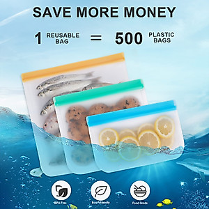 Reusable Food Storage Bags, 8 Pack Reusable Freezer Bags, 4 Leakproof Reusable Sandwich Bags, 4 Reusable Snack Bags, Silicone and Plastic Free Reusable Ziplock Bags for Veggies Fruit Meat Lunch