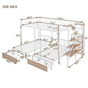 Merax Full Over Twin-Twin Triple Metal Bunk Bed Frame with 2 Storage Drawers and Staircase,White
